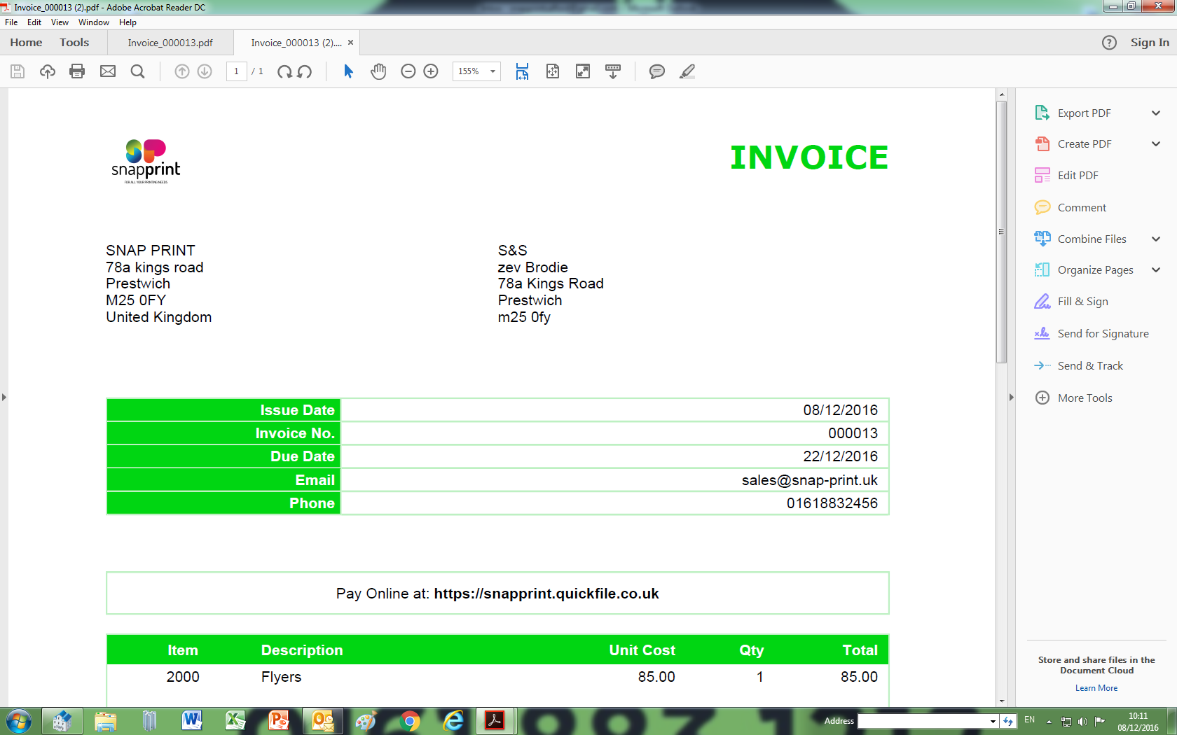 Invoice with option to pay via GoCardless - support - QuickFile