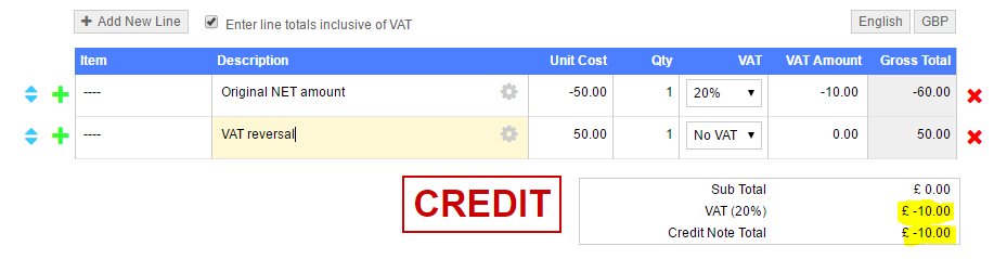 Credit Note Invoice to remove just the VAT - support - QuickFile
